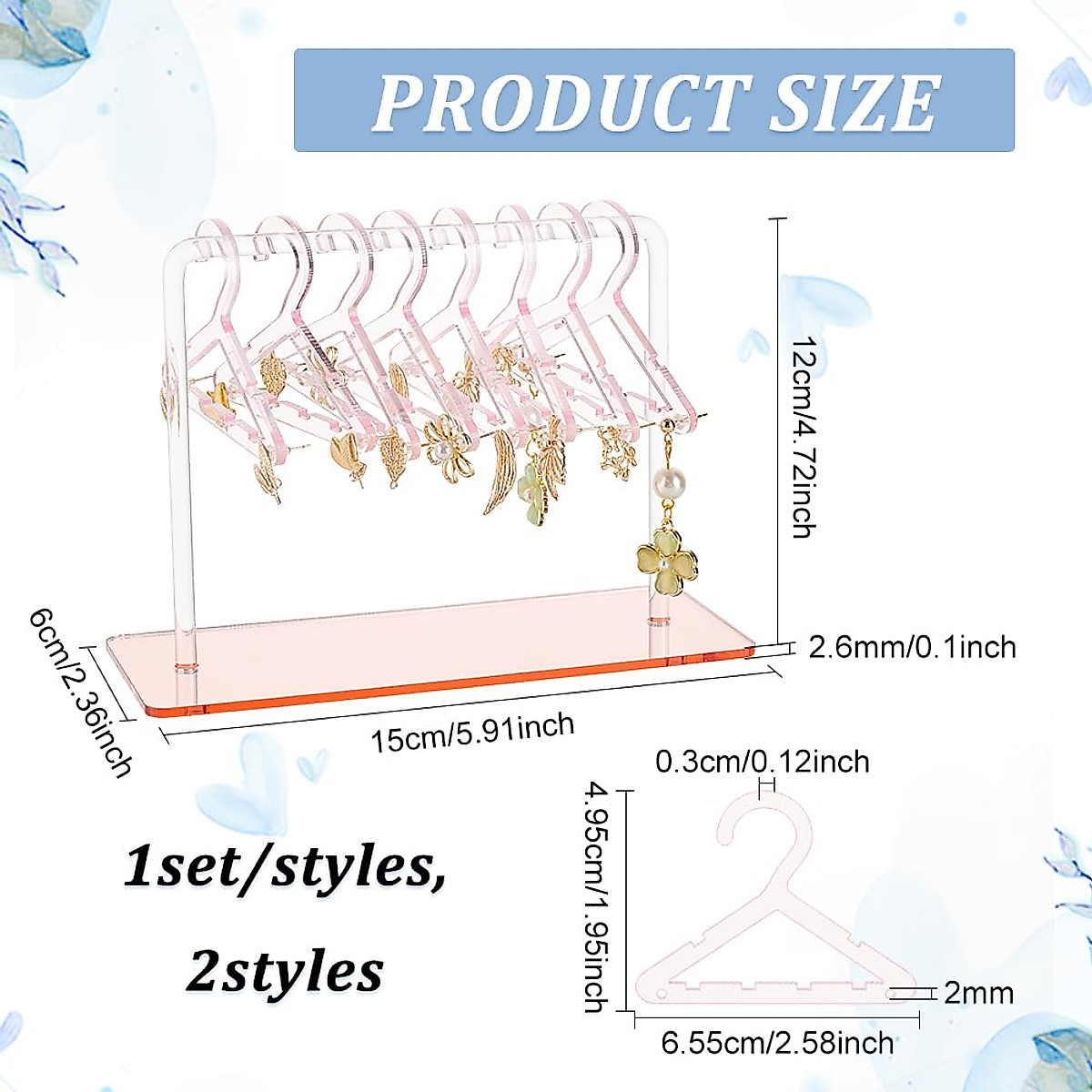 FINGERINSPIRE 2 Sets Acrylic Earring Holder with Mini Hangers Sliver/Pink 32 Holes 96 Slots Coat Hanger Shape Earring Display Stand with Mirrored Base Jewelry Storage Rack for Show, Photography Props