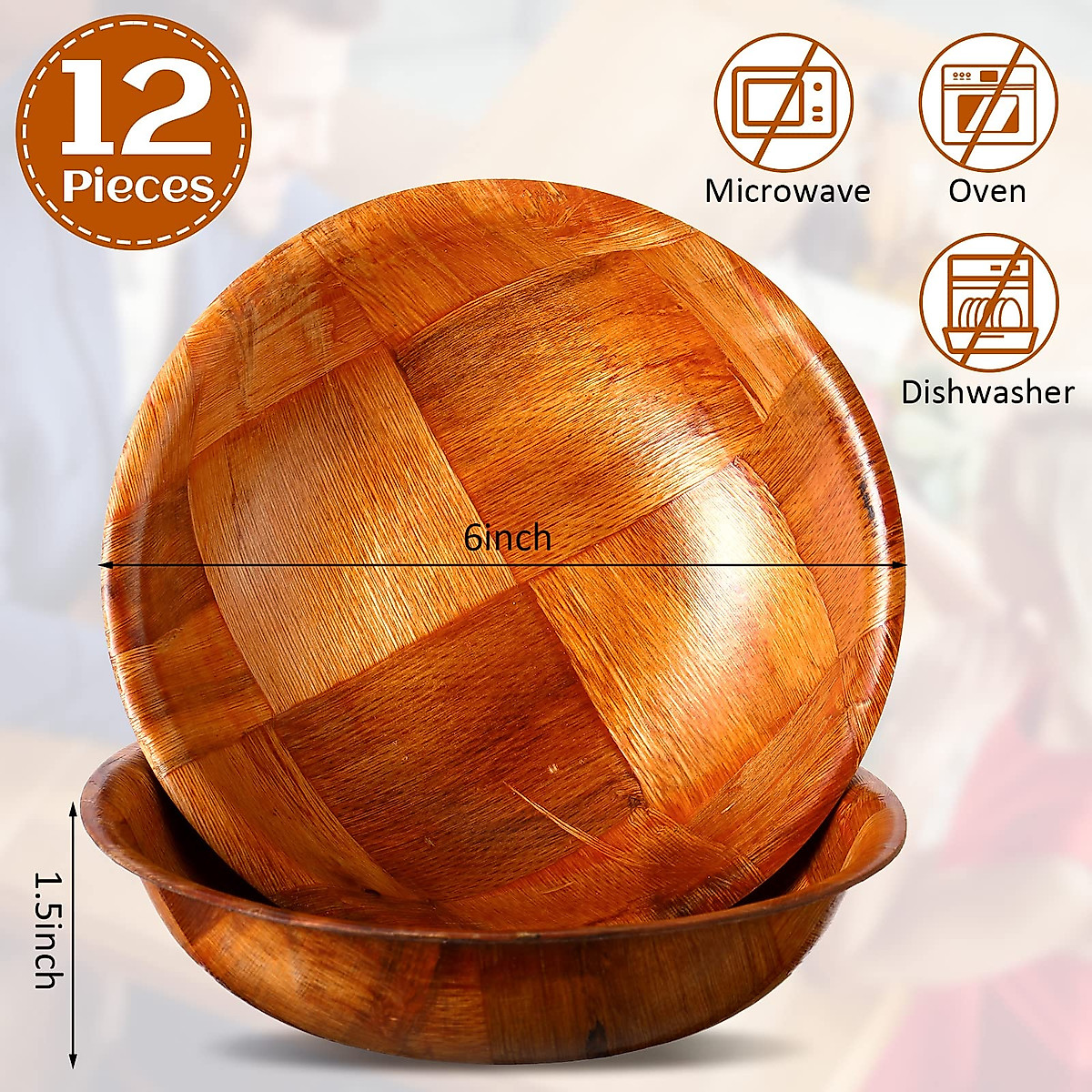 Didaey 12 Pieces Wooden Salad Bowl Set Salad Bowls for Lunch Woven Wooden Bowls for Snack Wooden Woven Salad Bowl Stackable Round Wood Serving Bowl for Kitchen and Salad Fruit Vegetable Snack, 6 Inch