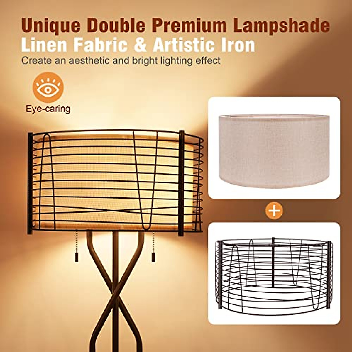 Floor Lamps for Living Room with Double Drum Shade - Farmhouse Industrial Standing Lamp, 65" Tall Rustic Bronze Woven Iron Metal Burlap Fabric Shade Mid Century Modern Reading Light for Bedroom Office