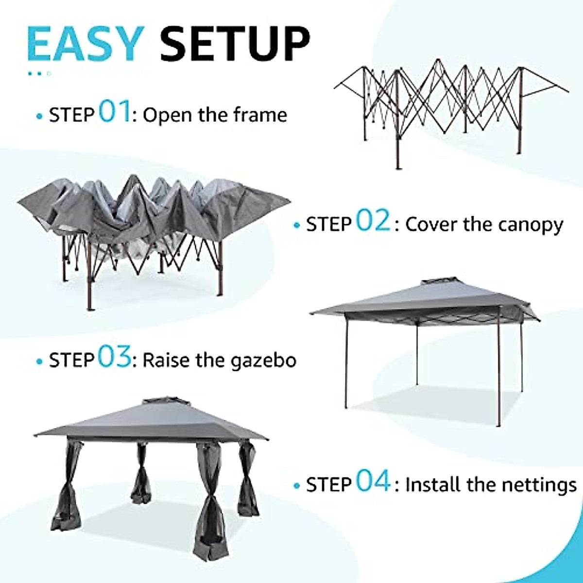 COBANA 13’x13’ Pop Up Gazebo, Outdoor Canopy Tent Shade with Metal Frame Mosquito Netting for Patio, Garden, Lawn, Backyard, Gray