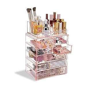 COMVTUPY Clear Makeup Organizer with Brush Holder, Large Acrylic Cosmetic Display Jewelry & Make Up Organizers and Storage for Vanity, Bathroom (3 Large, 4 Small Drawers, Diamond Pink)