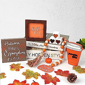 Fall Table Decor, Farmhouse Fall Home Decor Set with 3 Heart Blocks, 3 Wooden Signs and Wood Bead Garland for Tiered Tray, Shelf and Mantle - Fall Decorations for Home (Tray not Included)
