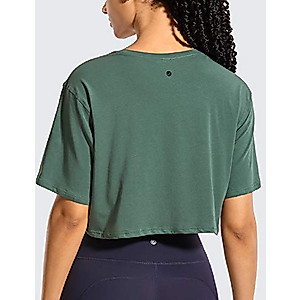 CRZ YOGA Women's Pima Cotton Workout Crop Tops Short Sleeve Yoga Shirts Casual Athletic Running T-Shirts Graphite Green Large