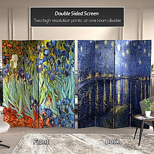 Red Lantern 6 ft. Tall Double Sided Works of Van Gogh Canvas Irises/Starry Night Over Rhone Room Divider, 6 Foot - 4 Panel, Blue