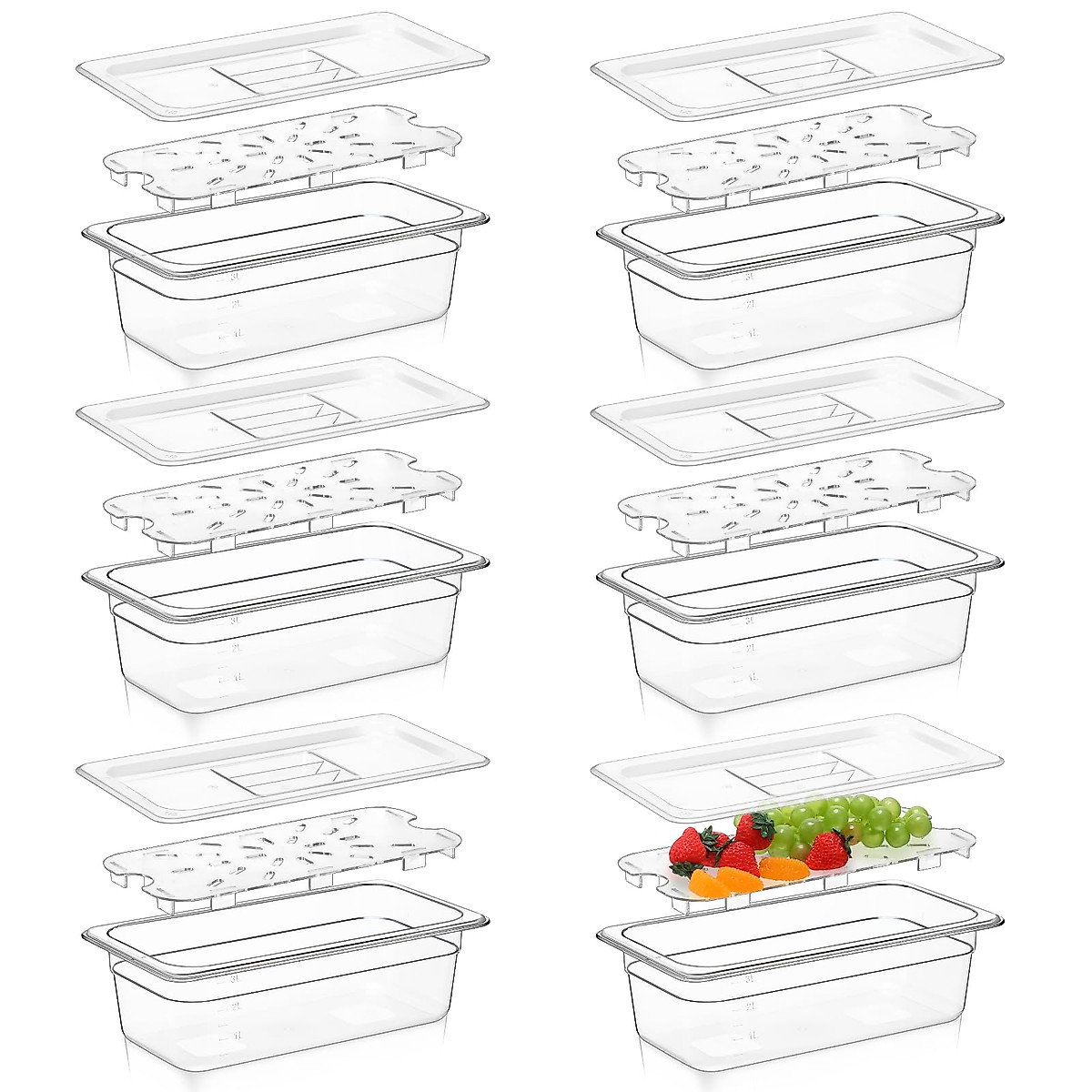 Sunnyray 6 Set 1/3 Size Polycarbonate Food Pans with Lids and Drain Shelf Clear Square Food Storage Containers for Kitchen Restaurant Fruit Vegetable Food Container and Storage (4 Inch Deep)