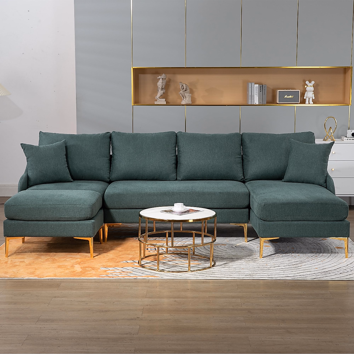 Haplized Modern U-Shape Sectional Sofa, 110'' Reversible Left or Right Chaise of Sectional Couch, 4-Seat Couch with Chaise and Ottoman, Comfortable Sectional Couches for Living Room Apartment, Green