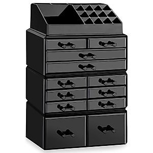 HBlife Makeup Organizer Acrylic Cosmetic Storage Drawers and Jewelry Display Box with 12 Drawers, 9.5 x 5.4 x15.8 Inches, Black