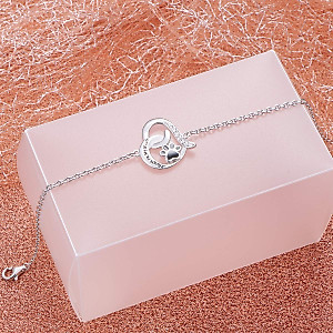 FLYOW 925 Sterling Silver Engraved Always In My Heart Cat Puppy Dog Paw Print Heart Bracelet Jewelry for Women Friends Pet Lover, 7 inch