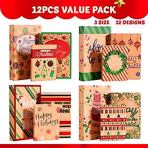 JOYIN 12 Pcs Christmas Aluminum Foil Kraft Paper Gift 3 sizes Boxes with Base, Xmas Shirt Wrap Box, Holiday Present Box for Birthday Party Favors Decorations Gift-Giving, 12 Design