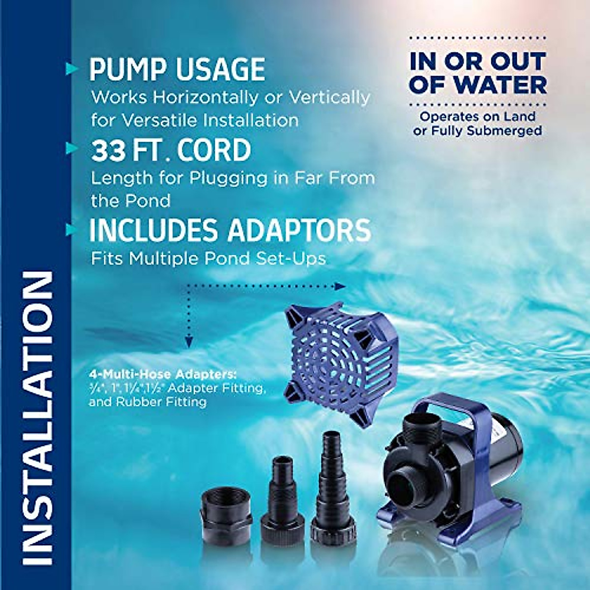 Alpine Corporation 3100 GPH Submersible Water Pump with 33 FT Cord and Adapters for Ponds, Fountains, Waterfalls, and Water Circulation, 276 Watts 21.5 FT Lift Quiet Operation Vertical/Horizontal