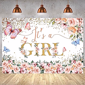 Withu It's a Girl Backdrop for Baby Shower Party Decorations Blush Pink Floral Rose Flowers Butterfly Glitter Gold Dots Photo Booth Banner Photoshoot Photography Background 7x5ft