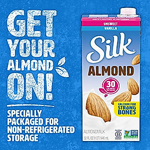 Silk Shelf-Stable Almond Milk, Unsweetened Vanilla, Dairy-Free, Vegan, Non-GMO Project Verified, 1 Quart (Pack of 6)