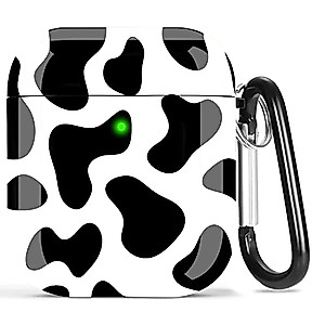 Airpods Case Cover Cow, Olytop Cute Airpods Protective Case Cover Printed Hard Skin Women Girl for Apple Airpods Charging Case with Keychain AirPods 2nd 1st Gen (Black Cow)