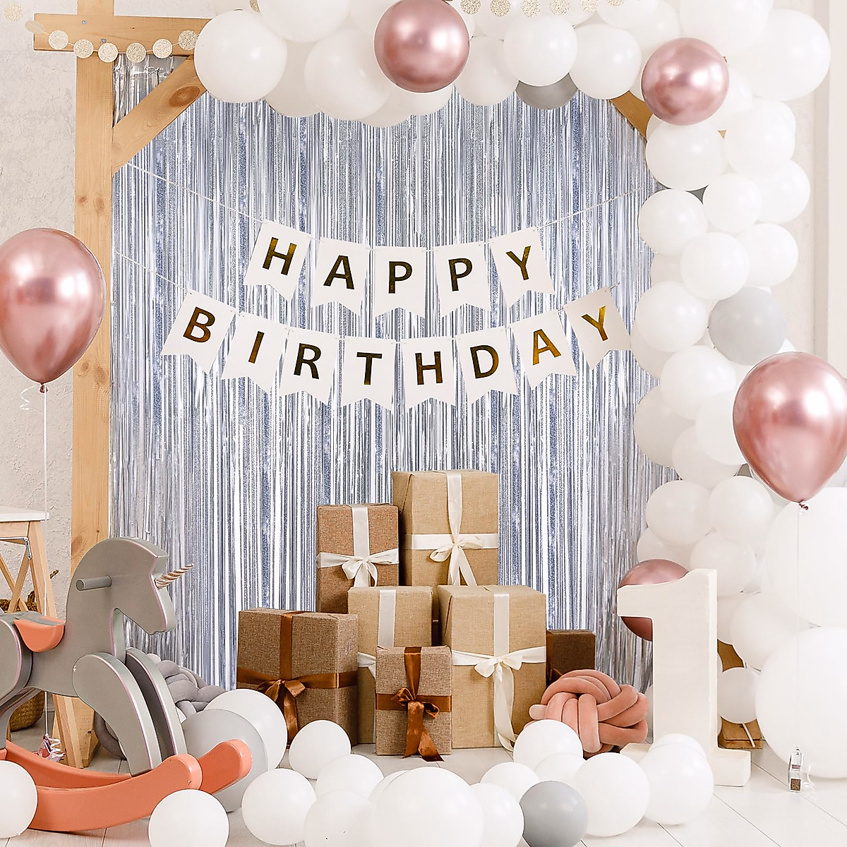 RUBFAC 2 Pack Shimmer Silver Backdrop Party Decorations Foil Fringe Curtains Tinsel Metallic Streamers Photo Booth Streamer for Bachelorette Wedding Engagement Baby Shower Birthday Party Supplies