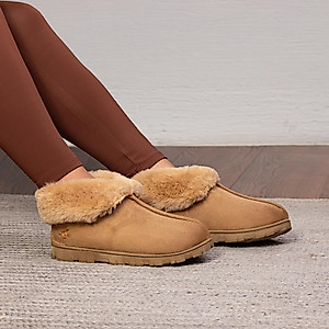 EUROPEAN SOFTEST Women's Micro Suede Faux Fur Fleece Lined Cozy 80-D High-Density Memory Foam Winter Slipper Bootie Breathable House Shoes with Non Skid Indoor Outdoor Sole (5-6, Camel)