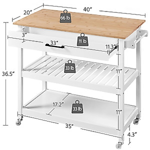 Yaheetech 40" Width Kitchen Island Cart on Wheels, 3 Tiers Rolling Utility Cart with Solid Wood Top and Drawer & 2 Spacious Storage Shelf, Serving Trolley for Dining Room, White