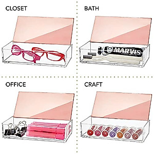 mDesign Small Makeup Organizer Box with Decorative Lid for Vanity Countertops, Cabinet - Store Makeup Brushes, Eye Shadow Palettes, Lipstick, Lip Gloss, Blush, Jewelry - Plastic, Clear/Rose Gold