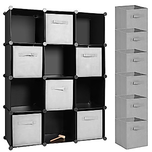 Roshtia 12 Cube Storage Organizer and 12 Collapsible Fabric Storage Cube Bins, Closet Organizer and Storage Shelf DIY Plastic Modular Bookcase Bookshelf Bedroom Garment Racks Home Office, Black, Gray