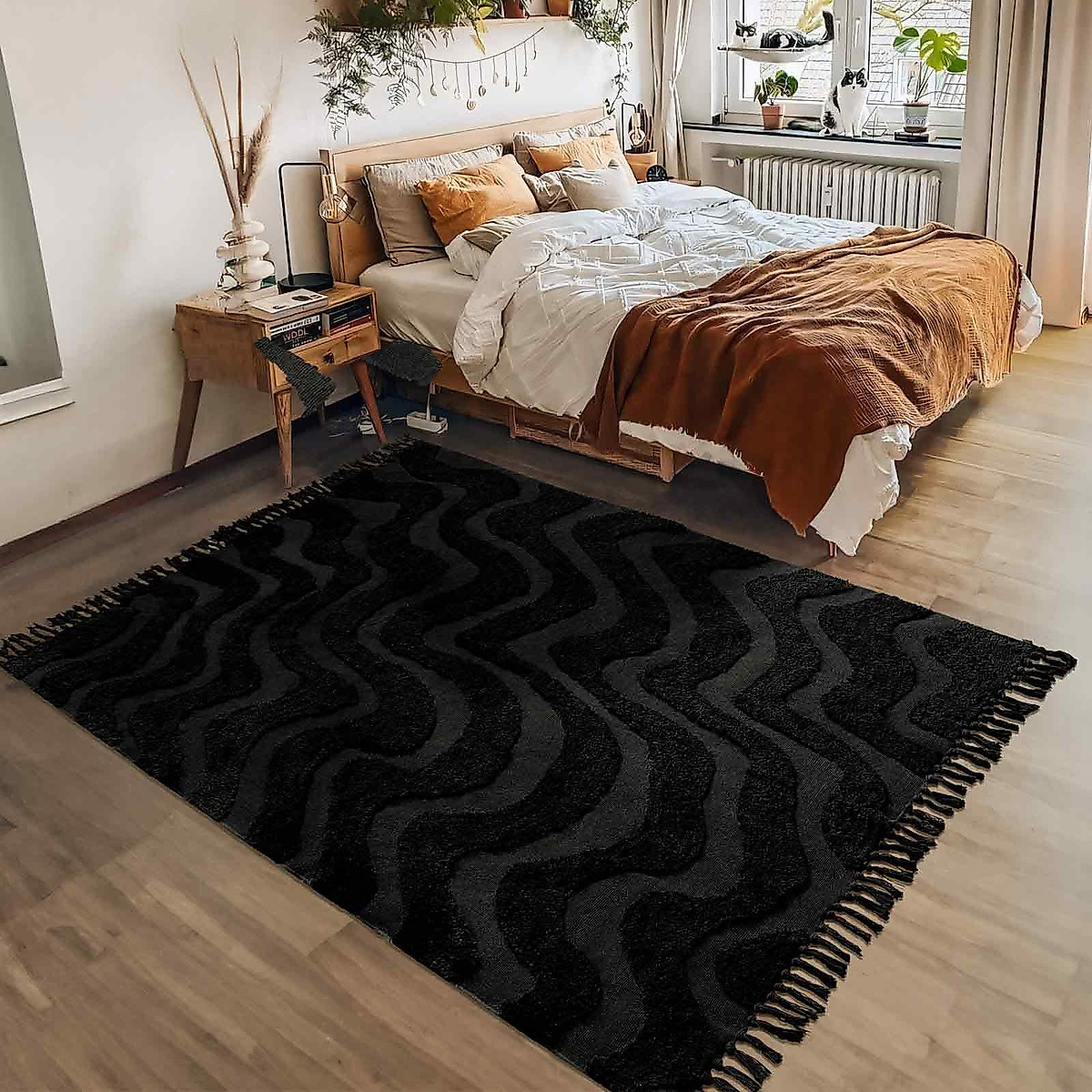 Castage Black Rug 4’x6’ Rugs for Bedroom Living Room Dining Room Office Boho Washable Area Rugs Large Neutral Floor Carpet Modern Farmhouse Tufted Woven Geometric Throw Rugs with Tassel