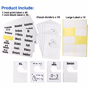 TraGoods 10 Pack White Clothing Rack Size Dividers Plus 60 Labels (1 Inch) and 16 Large Blank Labels, Large Rectangular Clothing Closet dividers (Pearl White)
