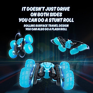 Obsiusfb RC Stunt Car for Kids with Wheel Lights and Headlights, 2.4GHz Double Sided 360° Rotating RC Car, High Speed Rechargeable Remote Control Crawler for Boys & Girls (Blue)