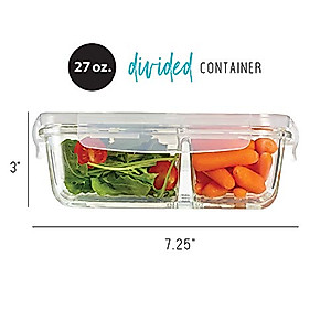 Fit & Fresh, Airtight Seal, Portion Cont Divided, 3-Pack, Two Compartments, Set of 3 Locking Lids, Glass Storage, Meal Prep Containers, 3 Pack, Clear