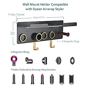 Fippkargo Wall Mount Holder Compatible with Dyson Airwrap Supersonic Hair Dryer, Rack with Hooks for Accessories, 2 in 1 Organizer for Storage Attachments Wide-Tooth Comb Diffuser Nozzle Curling Iron