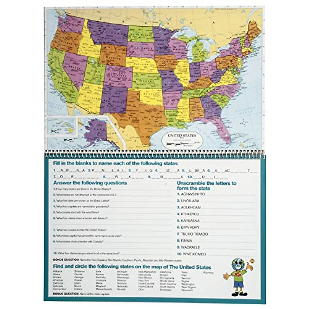 Painless Learning Educational Workbook Eight Geography Full Color Detailed Laminated Maps USA,World,Canada,Mexico,South America,Europe,Africa and Asia