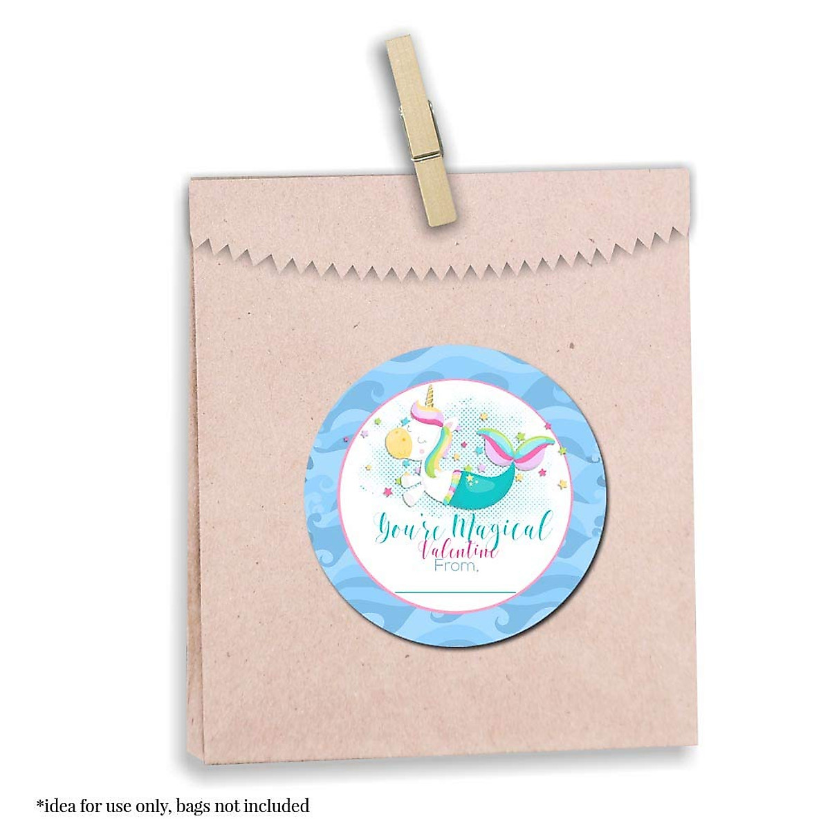 Magical Mermaid Unicorn Valentine Party Favor Sticker Labels, 40 2" Party Circle Stickers by AmandaCreation, Great for Classroom Valentines, Envelope Seals, Gifts & Treats