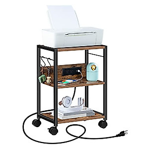 ALLOSWELL 3-Tier Mobile Printer Stand, Rolling Cart with Power Outlets and USB Ports, Industrial Printer Cart, Home Utility Storage Rack with 2 Hooks, for Office, Living Room, Rustic Brown PTHR40E01