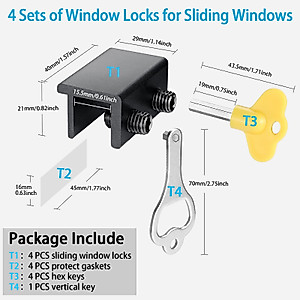 Window Locks,4 Sets Sliding Window Locks with Key for Vertical & Horizontal Sliding Windows Doors,Easv to Install,Adjustable Security Window Lock for Patio Bedroom Home and Office (Black)