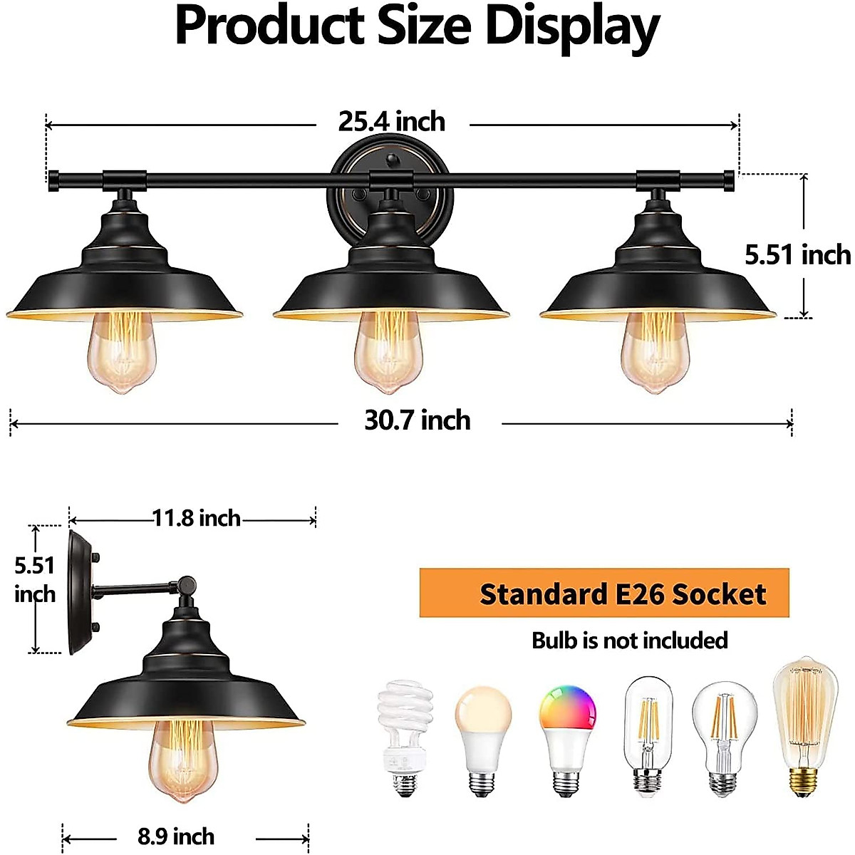 Elibbren Farmhouse Rustic Vintage 3-Lights Vanity Wall Sconce Lighting, E26 Base Metal Matte Black Industrial Bathroom Wall Light Fixture for Bathroom Vanity Mirror Cabinets Dressing Table（BLACK）