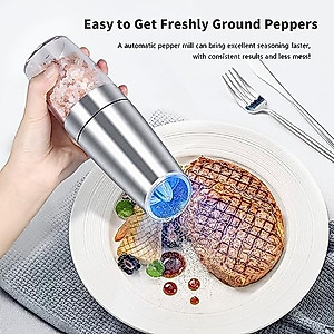 EasyCom Gravity Salt and Pepper Mill Set, Battery Powered with LED Light, Adjustable Coarseness, One Hand Automatic Pepper Mill for Kitchen and BBQ, 2 Pack, Silver