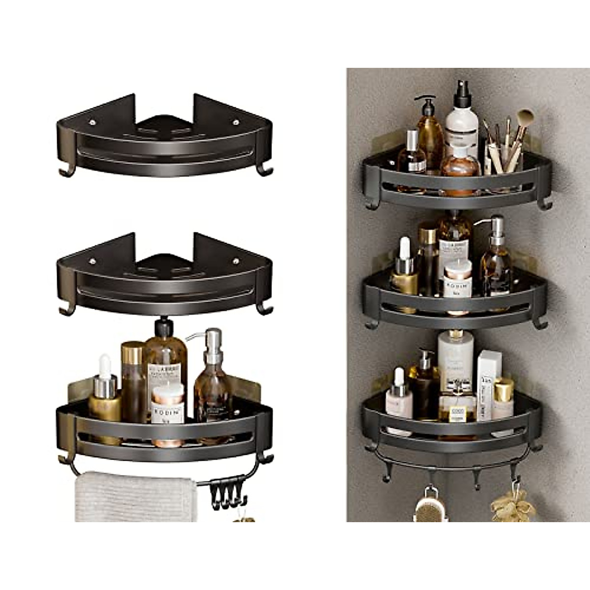 LamChyar Corner Shower Caddy, 3 Tiers Shower Organizer, Aluminium Shower Shelfs with 10 Removable Hooks and Towel Bar, No-Drilling Wall Adhesive Installation(Black)