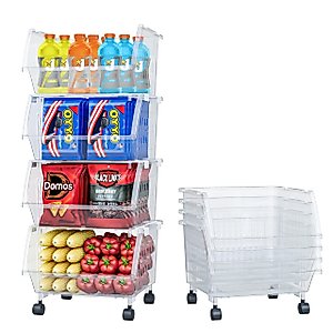 Skywin Plastic Stackable Storage Bins Clear - 4 Pack Large Open Front Storage Bins For Toy Organizers and Storage Bins For Pantry, Kitchen, and Bathroom Essentials