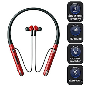 Neckband Bluetooth Headphones Wireless Earbuds 50H Continuous Working Time IPX5 Lightweight Foldable Sports Earphones with Built-in Mic HD Call Noise Cancelling for Trucker Workout (Red), AK01-02