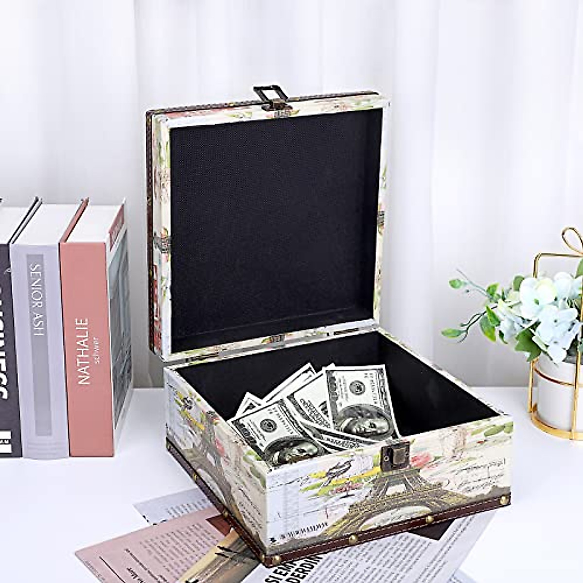 ELLDOO Treasure Chest Box with Latch, Wooden + PU Leather Storage Decorative Box for Jewelry Trinkets Collections, Antique Keepsakes box for Girls Women Gifts, Large