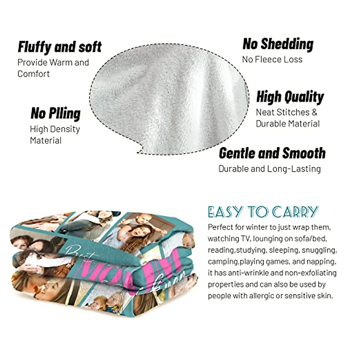 Baosity Mother's Day Blanket Gifts for Mom, Custom Blanket with Photos/Text, Personalized Picture Blanket Throw, Customized Birthday Gifts for Mom from Daughter Son - 4 Size (6 Photo W/Text)