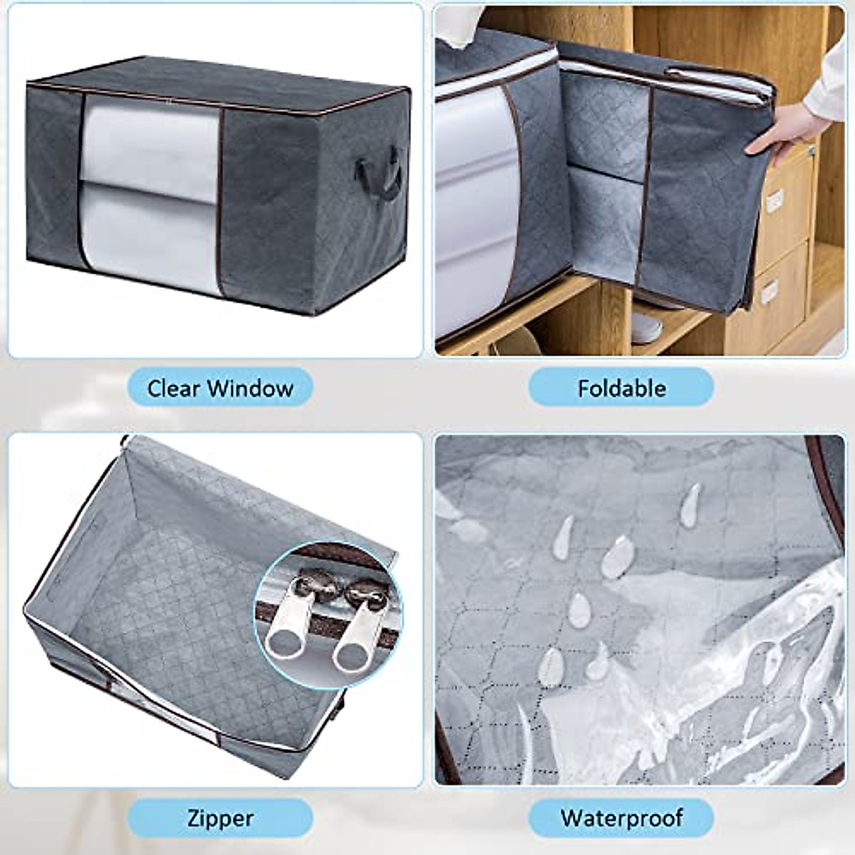 Storage Bags Storage Bins Large Thick for Comforters Blankets Clothes 6 pack 90L Closet Organizers with Durable Handles Clear Window Foldable Storage Bins (6)