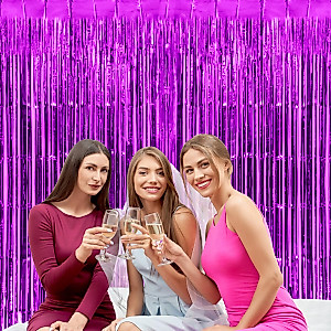 Thicken Purple Foil Fringe Curtains Decorations 3.2x8.2ft - 2 Pack, Photo Backdrop for Birthday Bachelorette Bridal Shower Baby Shower Graduation Party, Party Streams Decor