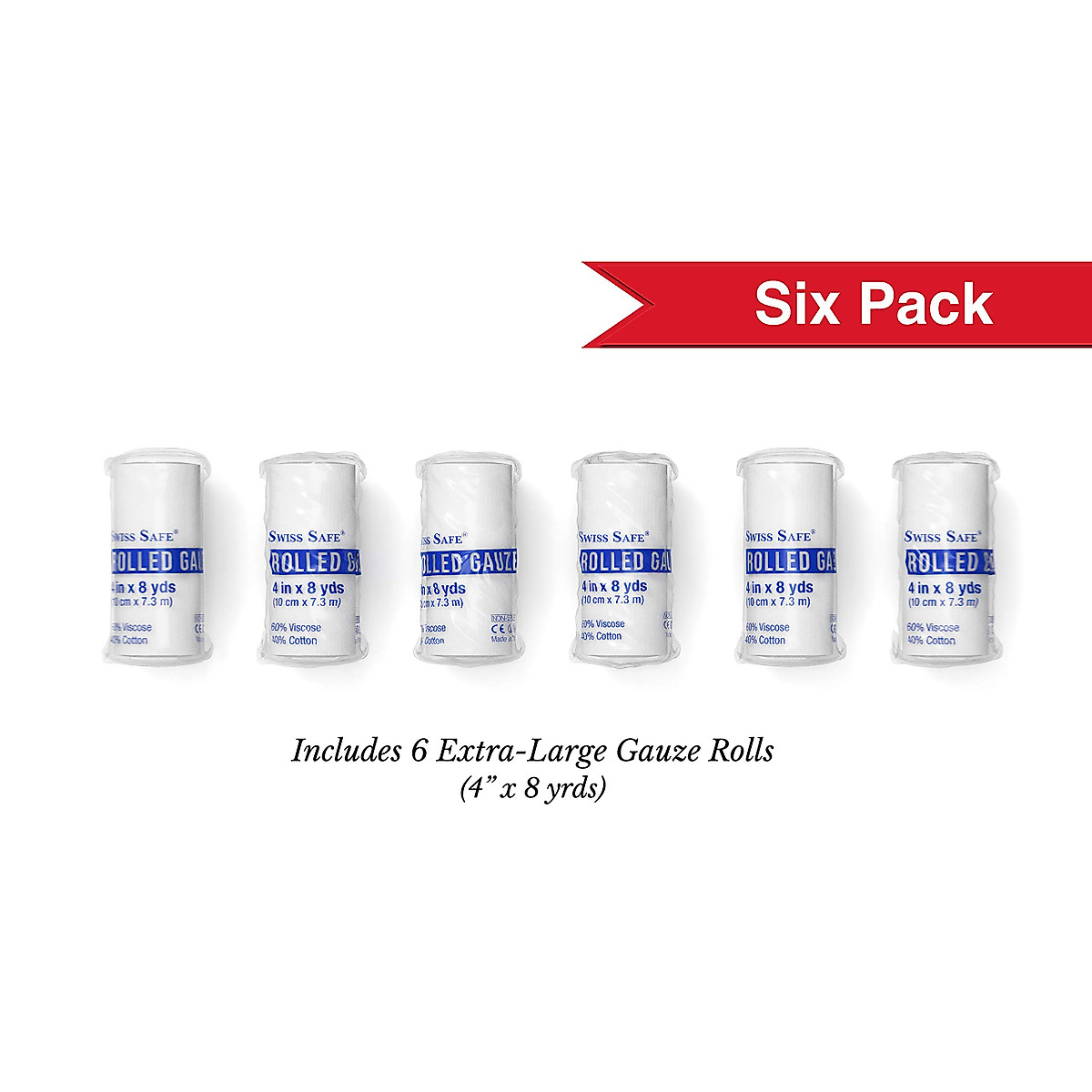 Swiss Safe Long Elastic Stretch Gauze Rolls, 4 Inch x 8 Yards, (6 Pack)