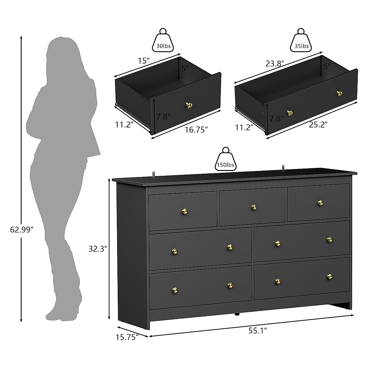 55'' Black Dresser for Bedroom, 7 Deep Drawer Large Wood Dresser with Gold Handles, Modern Wide Storage Dressers & Chests of Drawers for Entryway, Hallway