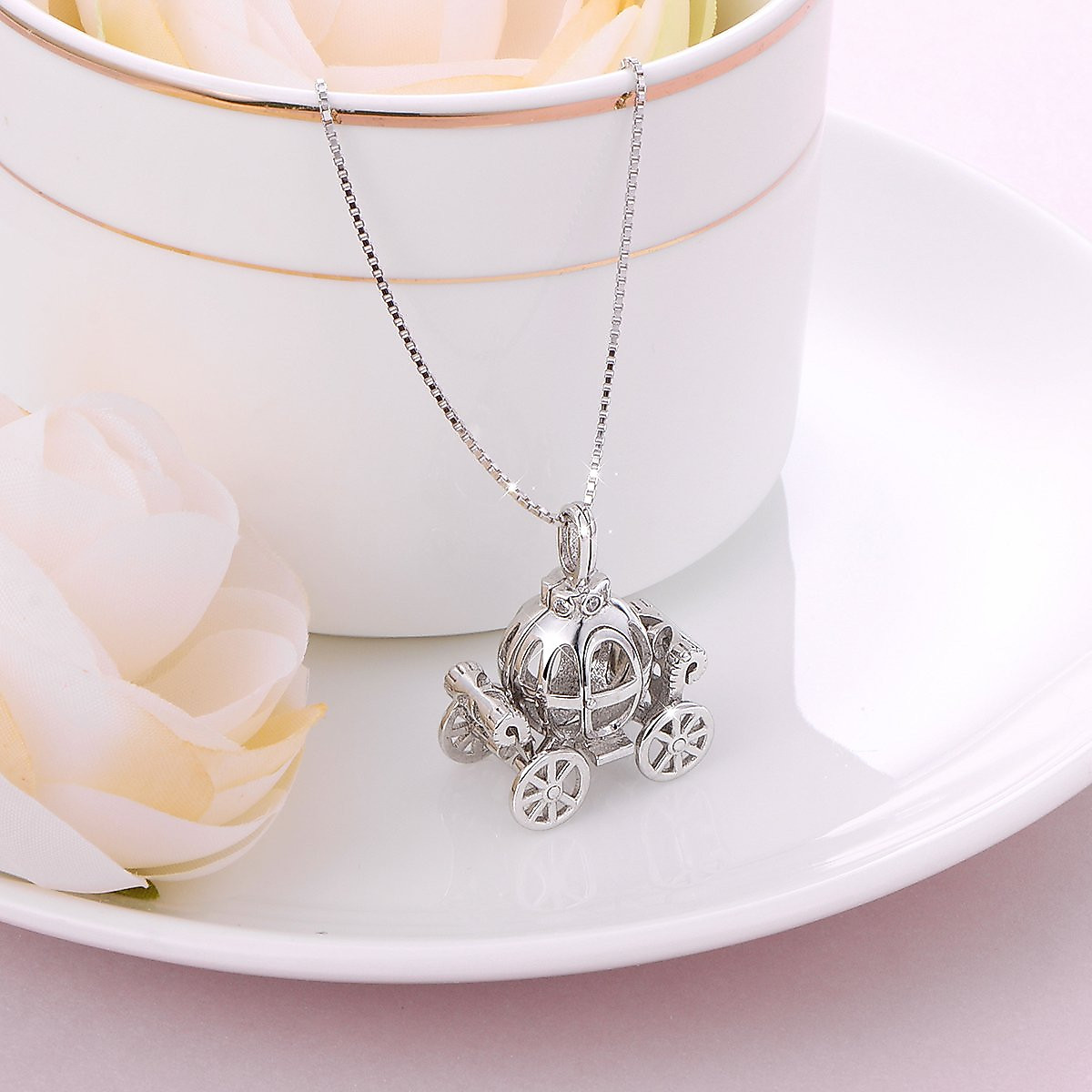 DAOCHONG 925 Sterling Silver Pumpkin Carriage Pendant Necklace,18",Box Chain