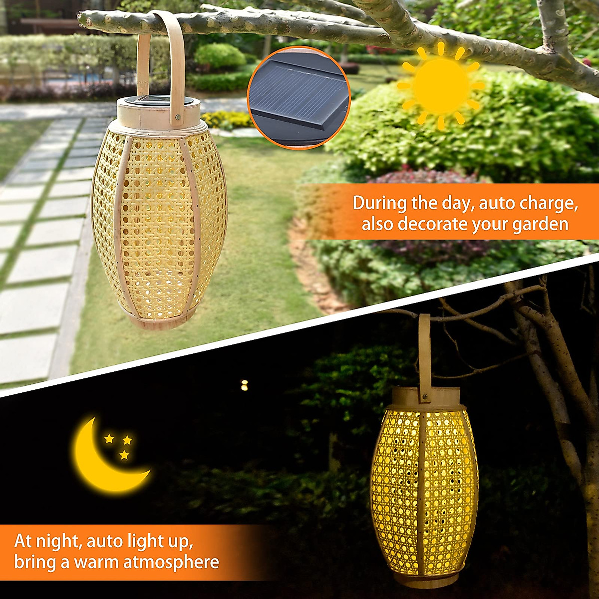Hanging Solar Lanterns Outdoor - Solar Powered Rattan Woven Table Lamp with Warm Yellow LED Light Garden Decorative Hanging Lanterns for Patio Yard Garden Home Pathway Decor