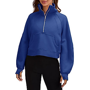 Womens Sweatshirts Half Zipper Crop Pullover Funnel Neck Fleece Lined Zip Up Long Sleeve Tops Thumb Hole Blue