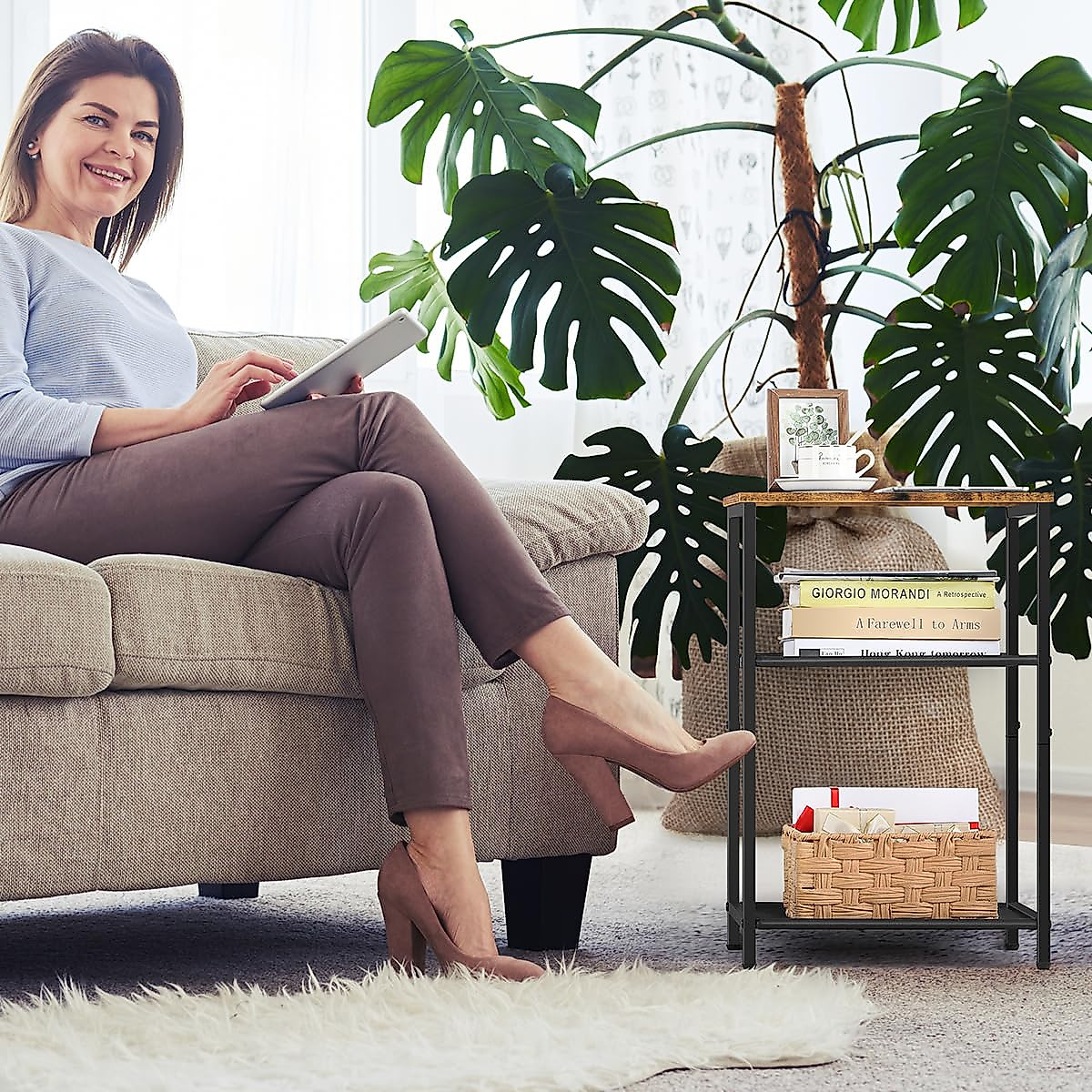 Set of 2 Nightstand, 3 Tier End Table for Small Spaces, Narrow Side Table with Storage Shelf, Bedside Tables for Bedroom, Living Room, Rustic Brown
