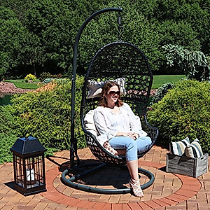 Sunnydaze Cordelia Hanging Egg Chair with Steel Stand Set - Resin Wicker - Outdoor Large Basket Design Patio Lounge Chair - Includes Beige Cushion and Headrest
