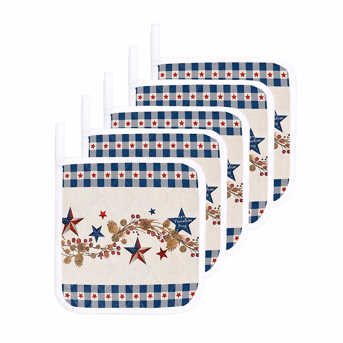 4th of July Pot Holders for Kitchen Heat Insulation, Blue Plaid Red Star Independence Day Potholders Hot Pads with Hanging Loop, Washable Oven Mitts Pot Holder Trivet for Cooking Baking 5 Pack
