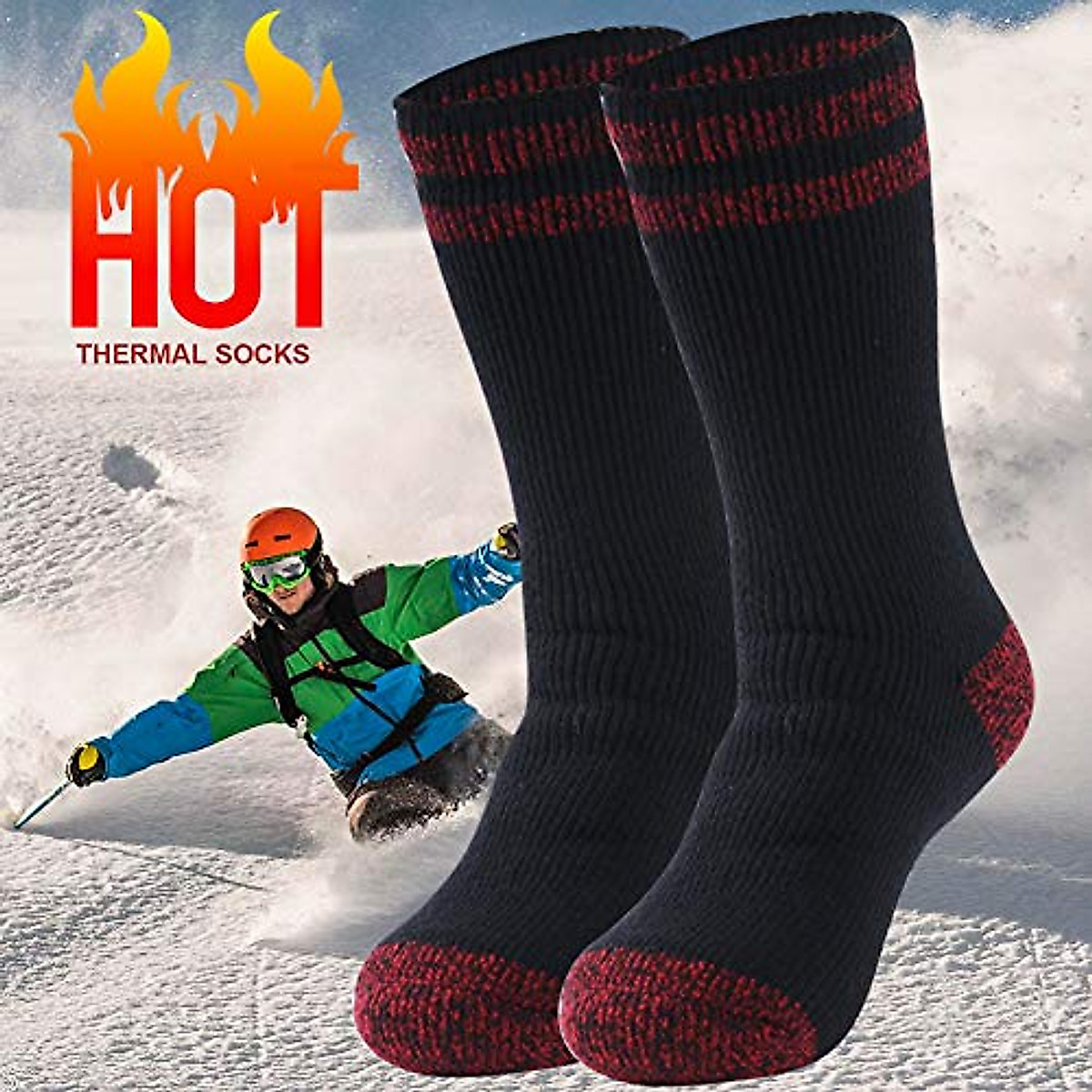 Three street Outdoor Sport Thermal Socks, Men Comfort Heavyweight Thermal Hiker Crew Insulated Heat Non Skid Socks, Winter Thick Warm Fuzzy Slipper Socks Warm Clothes for Working Black Red 1 Pair