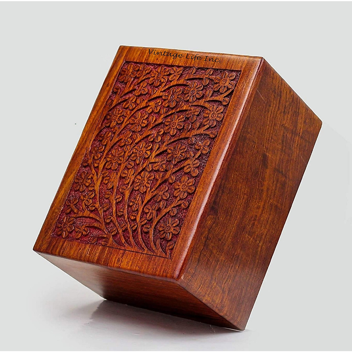 DnU Avenue Hand carved Wooden Cremation Urns for Human Ashes Adult & Pets, Memorial Urn Box, Keepsake for Burial/Funeral Ashes, Tree Of Life Urn, Capacity 85" Cu/in (Large 7.5 x 5.75 x 3.5 Inch)